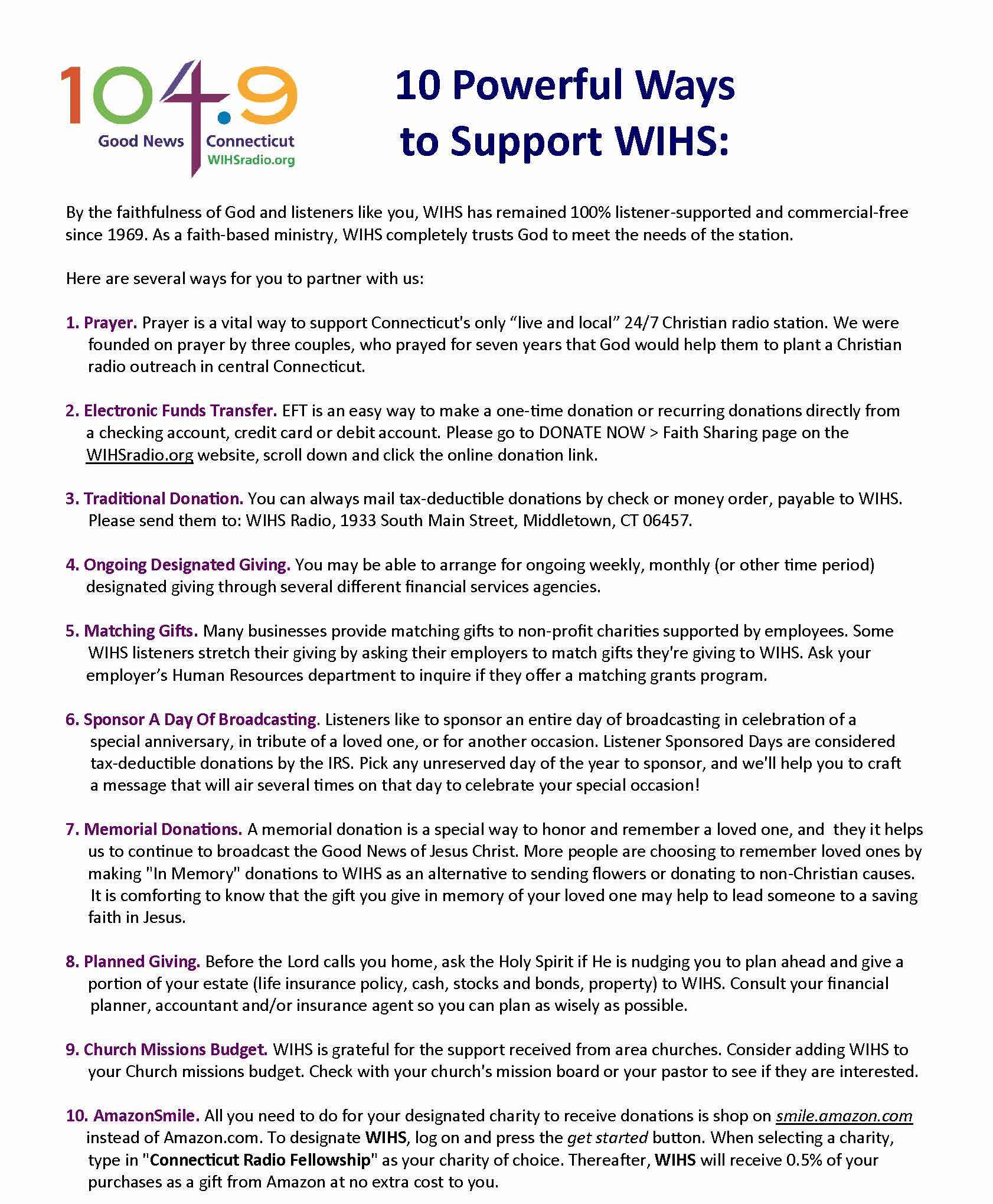 Ways to Support WIHS - WIHS CT Christian Radio